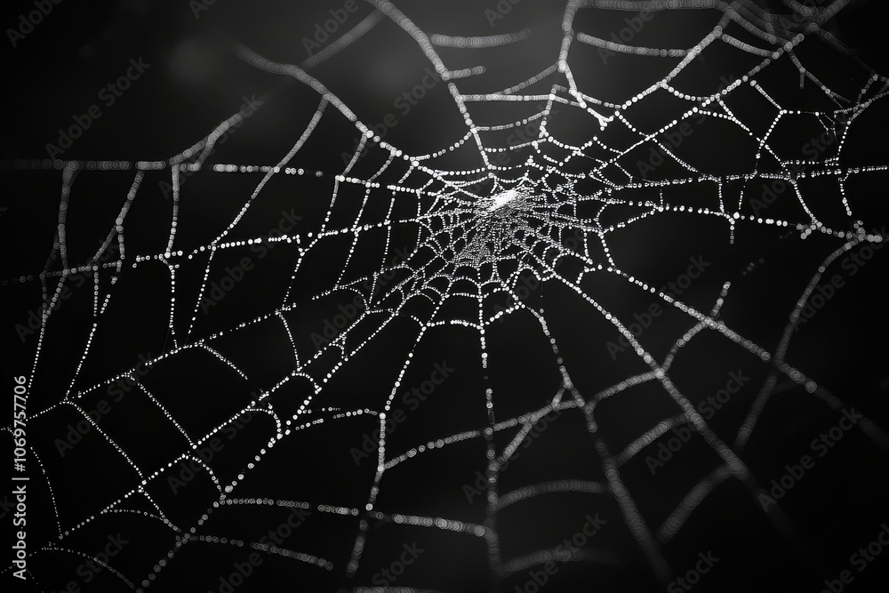 Series of white spider webs of different sizes and shapes on black ...