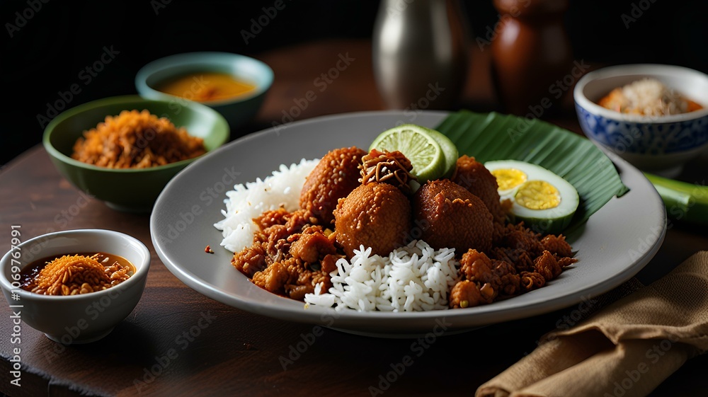 The preparation and plating of Malaysian nasi lemak, rich in flavors ...