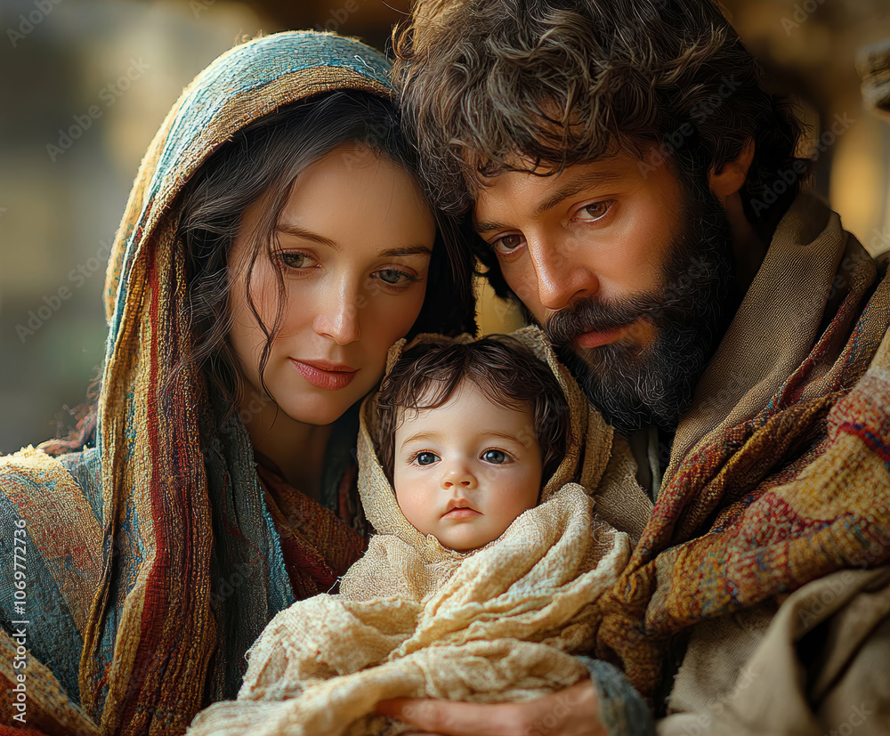 The painting depicts Mary, Joseph and the baby Jesus in a peaceful and ...