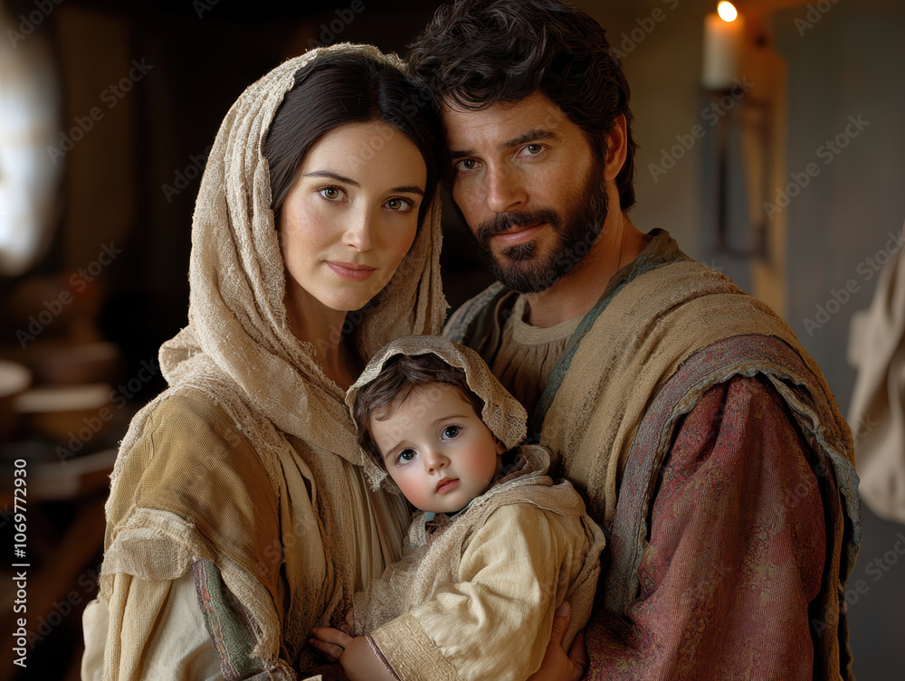 The painting depicts Mary, Joseph and the baby Jesus in a peaceful and ...