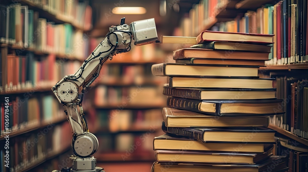 Robot Arm Organizing Books in Modern Library Stock Illustration | Adobe ...