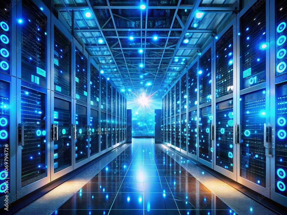 Surreal Blue Matrix Symbols Illuminating Server Racks in a Vast Big ...