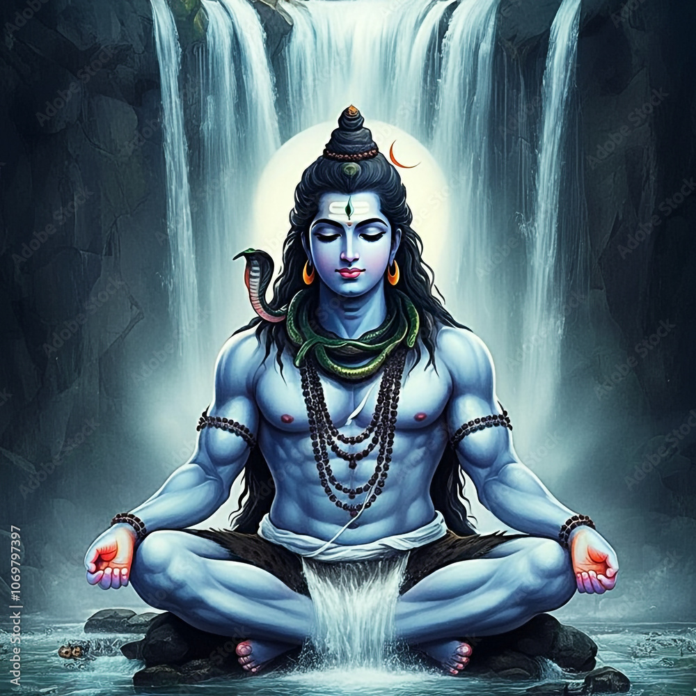 Serene depiction of Lord Shiva meditating by a waterfall, symbolizing ...