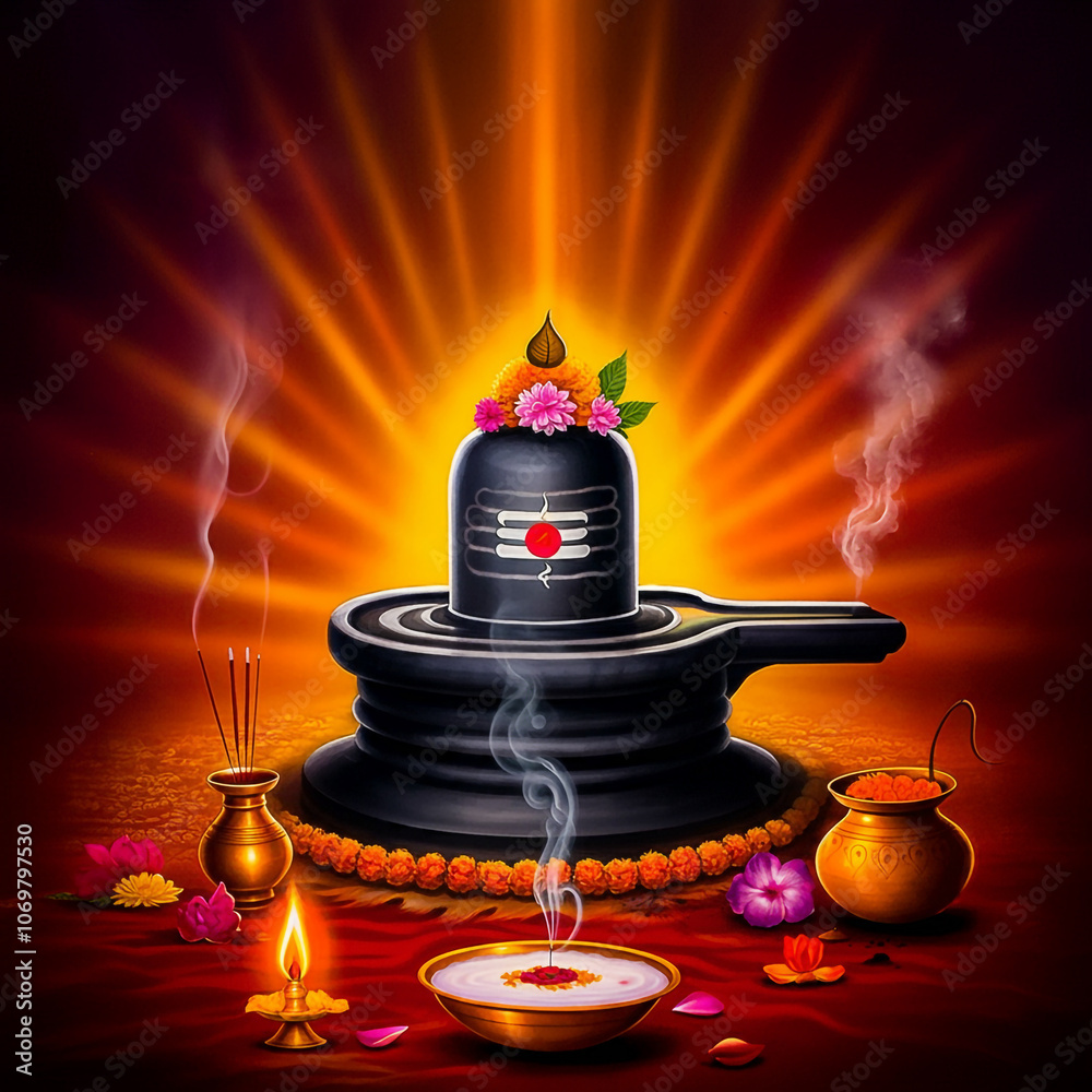 Glowing Shiva Lingam with offerings, symbolizing reverence, devotion ...