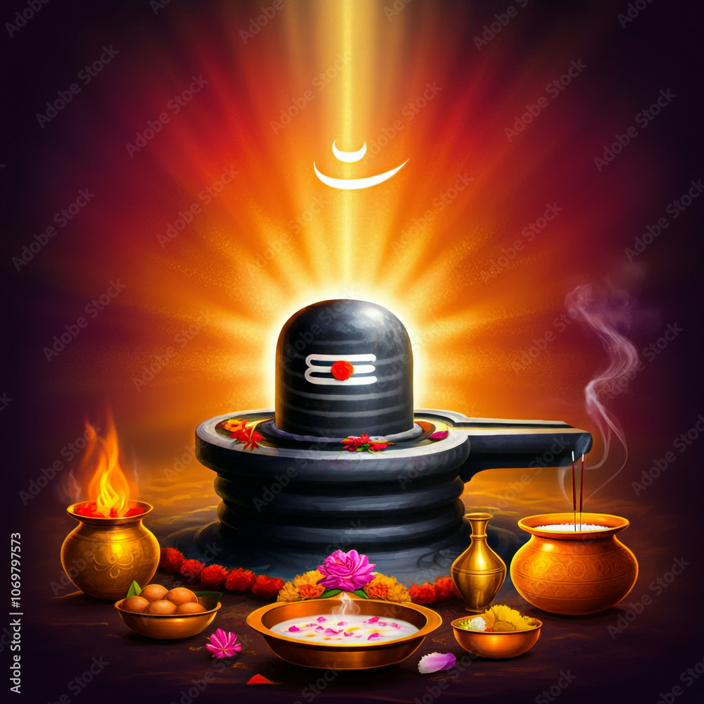 Illuminated Shiva Lingam with a crescent moon, symbolizing divine power ...