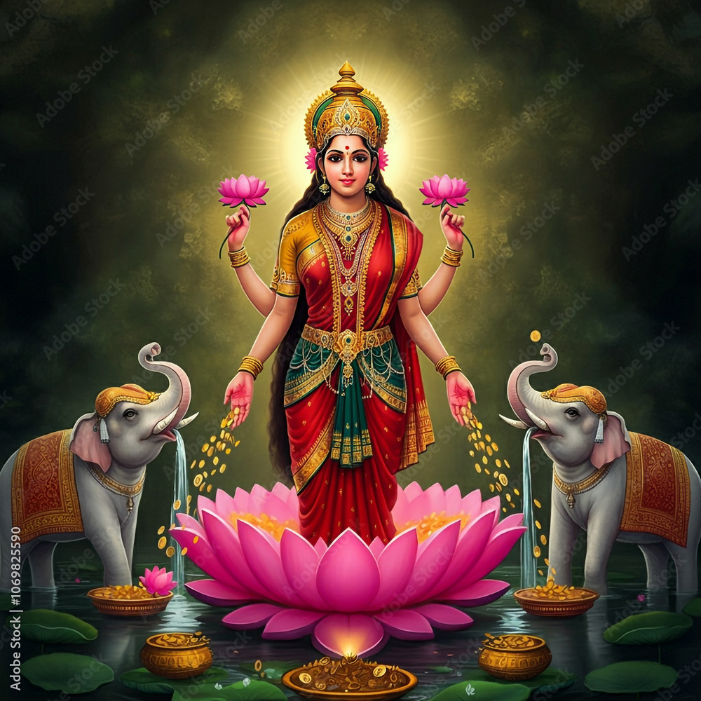 Elegant illustration of Goddess Lakshmi with elephants, seated on a ...