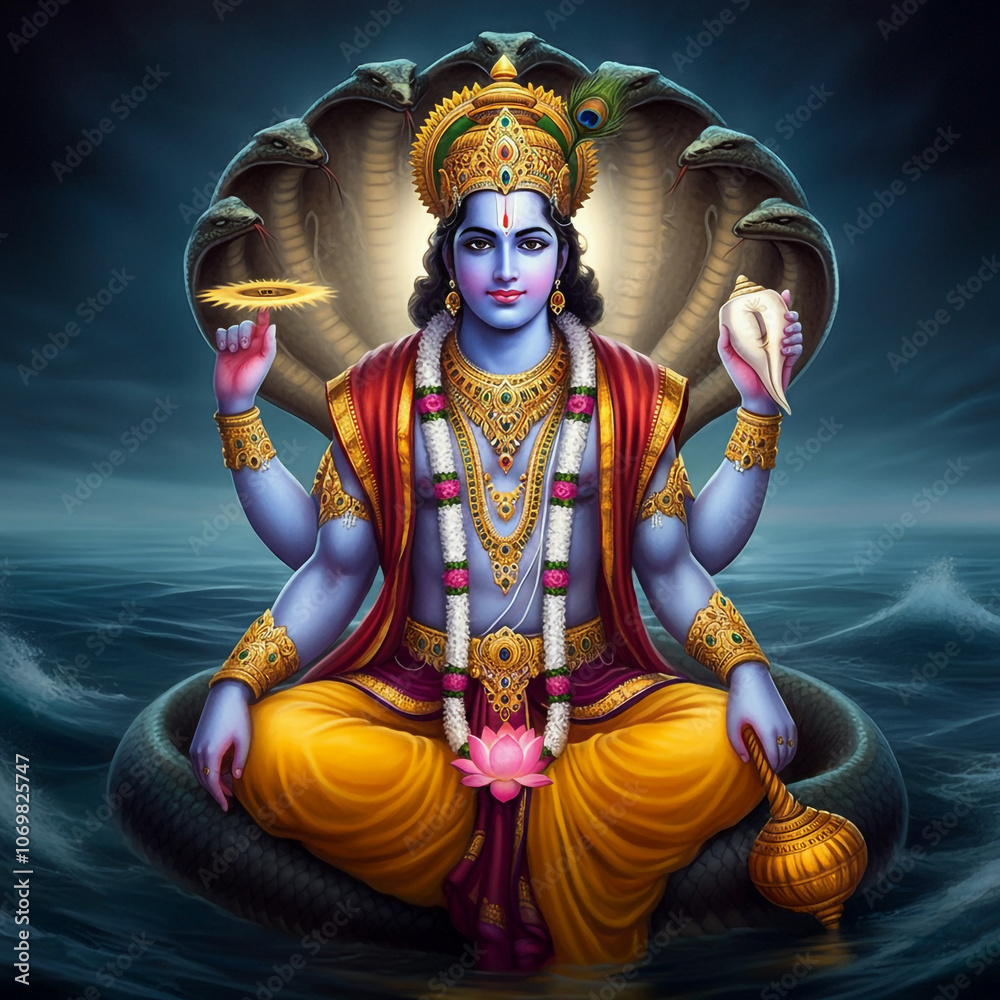 Divine portrayal of Lord Vishnu on Sheshnag, surrounded by cosmic ...