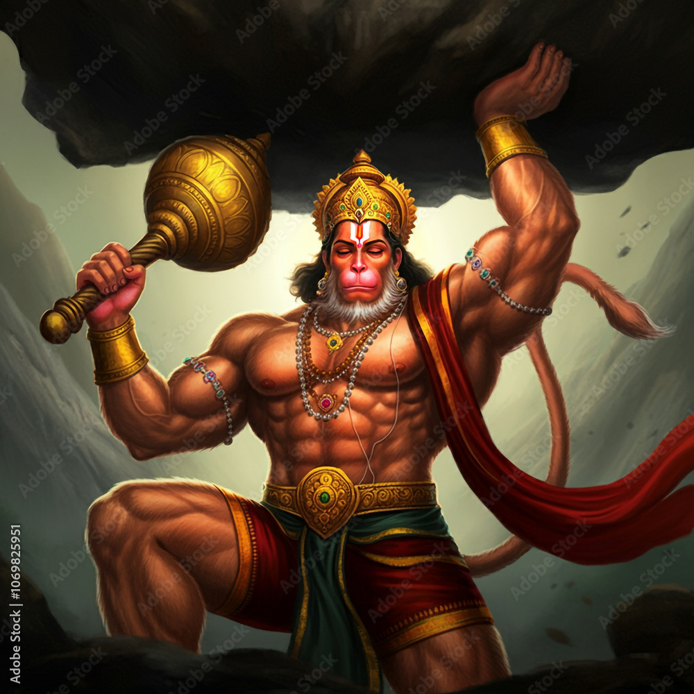 Powerful depiction of Lord Hanuman holding a mace and lifting a ...