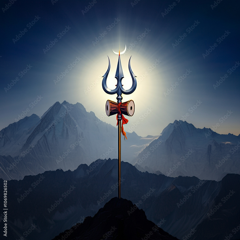 Iconic image of Lord Shiva's Trident (Trishul) against a majestic mountain background ...