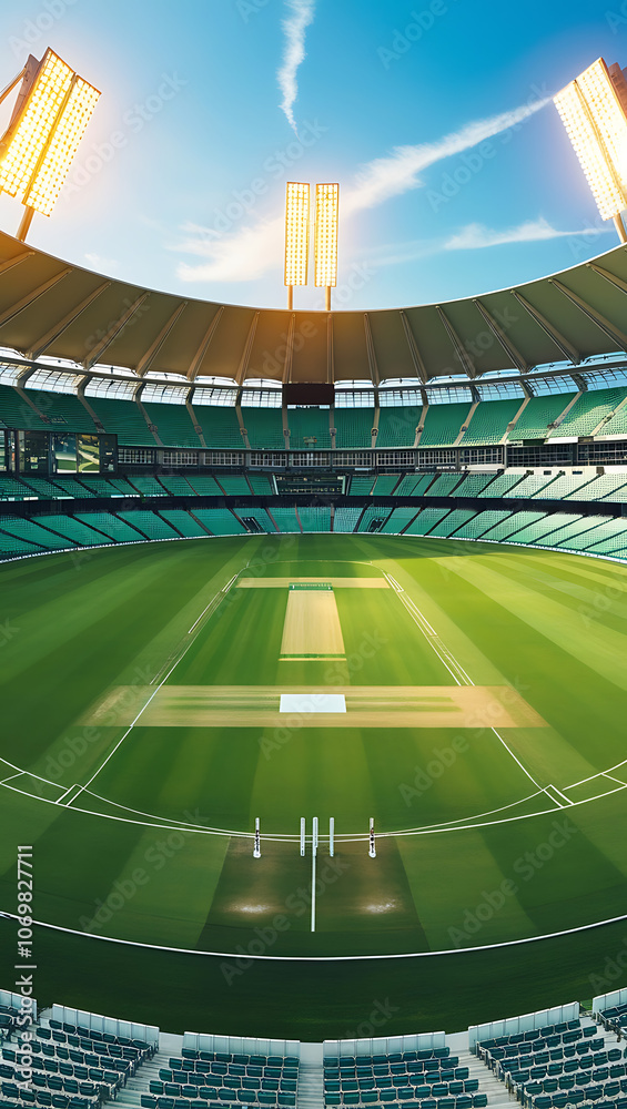 A giant sport cricket stadium with glowing floodlights and empty green ...