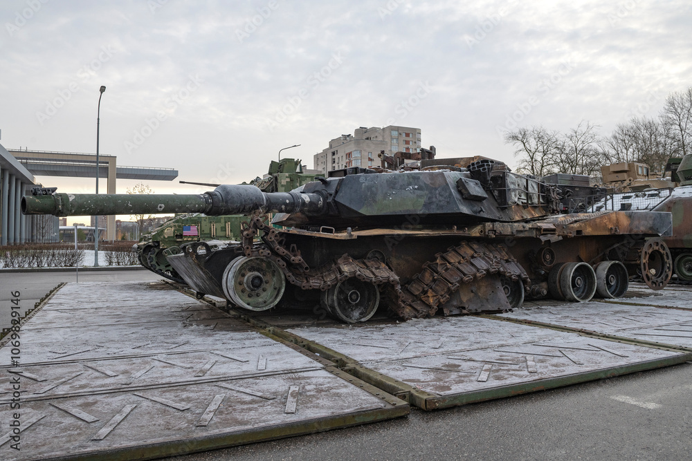 SAINT PETERSBURG, RUSSIA - NOVEMBER 05, 2022: A destroyed American tank ...