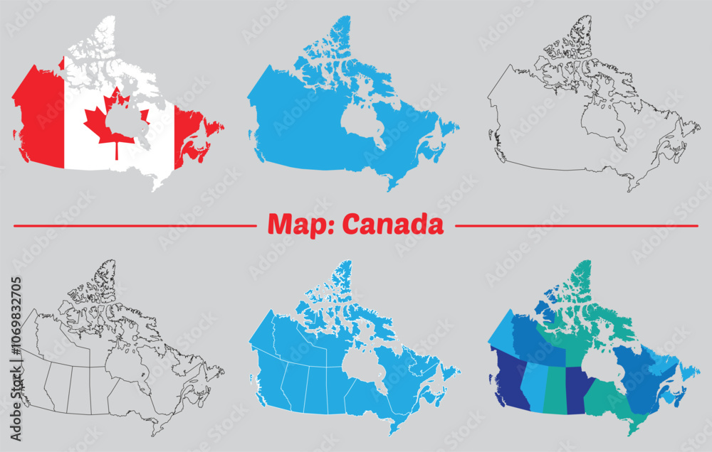 map of Canada vector drawing. Mercator projection. Filled and outline ...