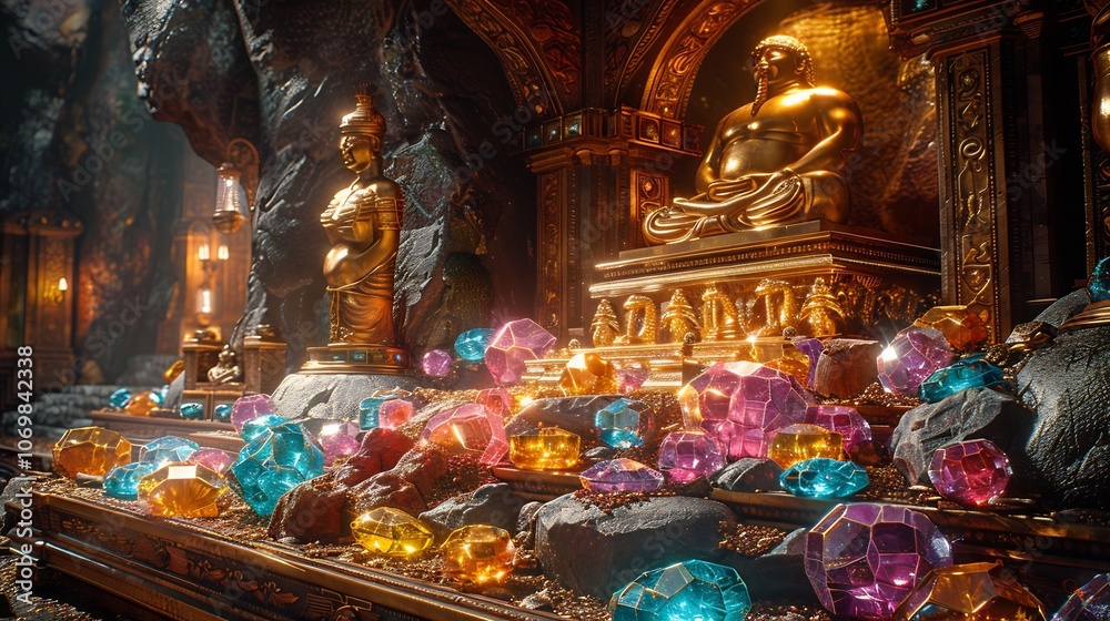 Ilustração Ancient civilizations treasure chamber filled massive golden ...