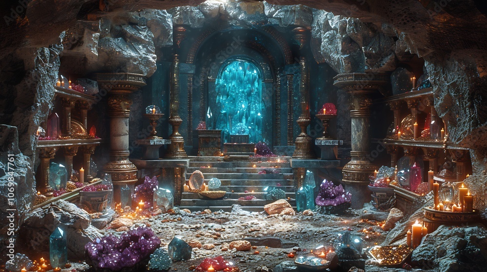 Epic treasure chamber filled dynamic vibrant colored prehistoric riches ...