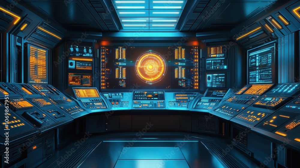 Futuristic Control Room with Multiple Screens and Digital Interfaces ...