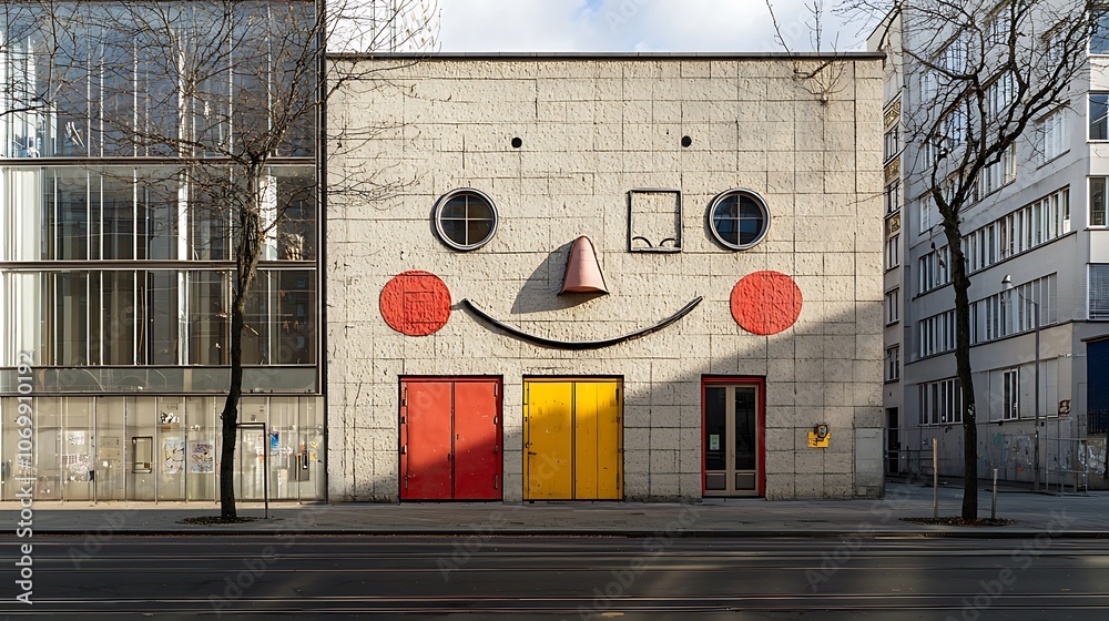 Building With Smiling Face Facade Red and Yellow Doors Urban ...