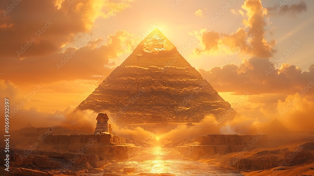 Vibrant poster of Great Pyramid of Giza under a golden sun with desert ...