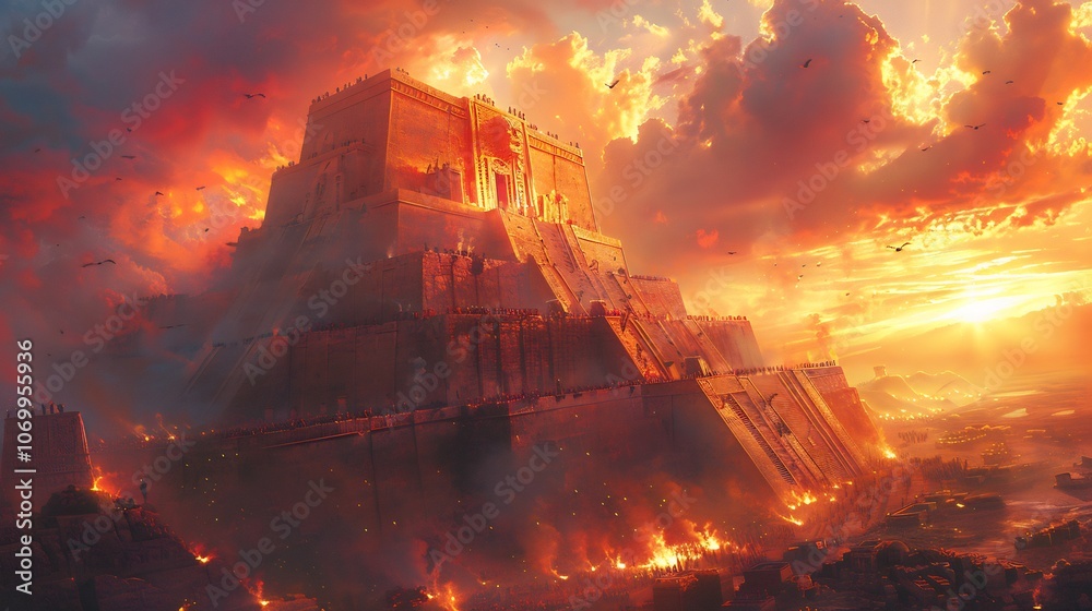 Sunset scene of grand ziggurat of Uruk with worshippers ascending the ...