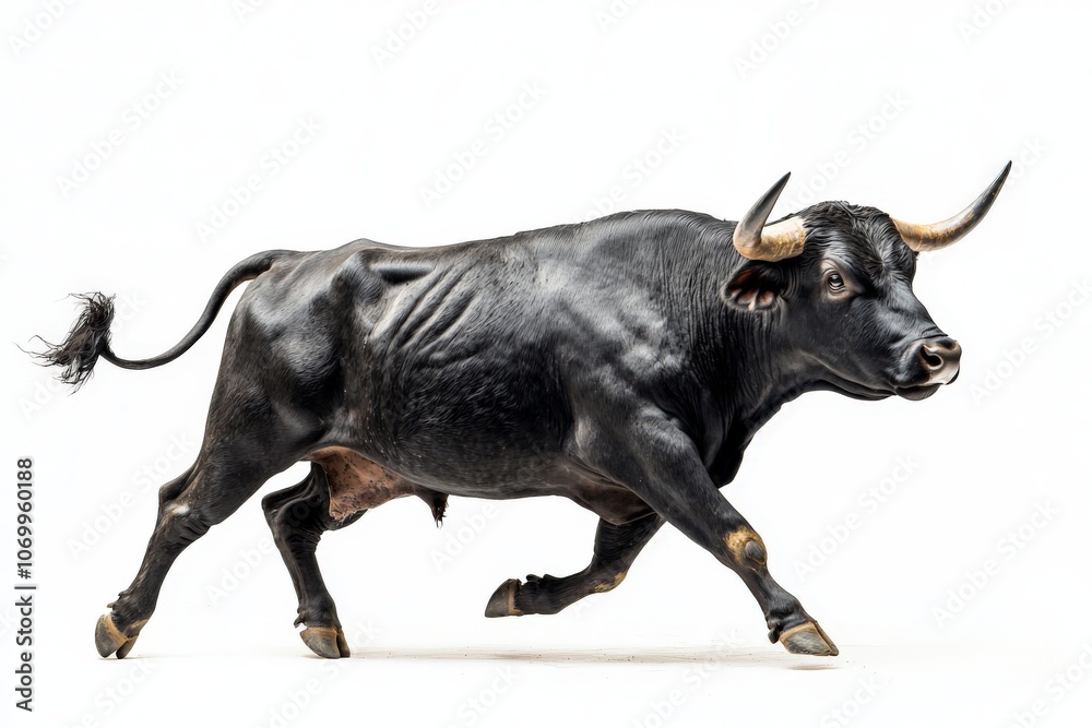 angry black bull running - side view isolated on white background Stock ...