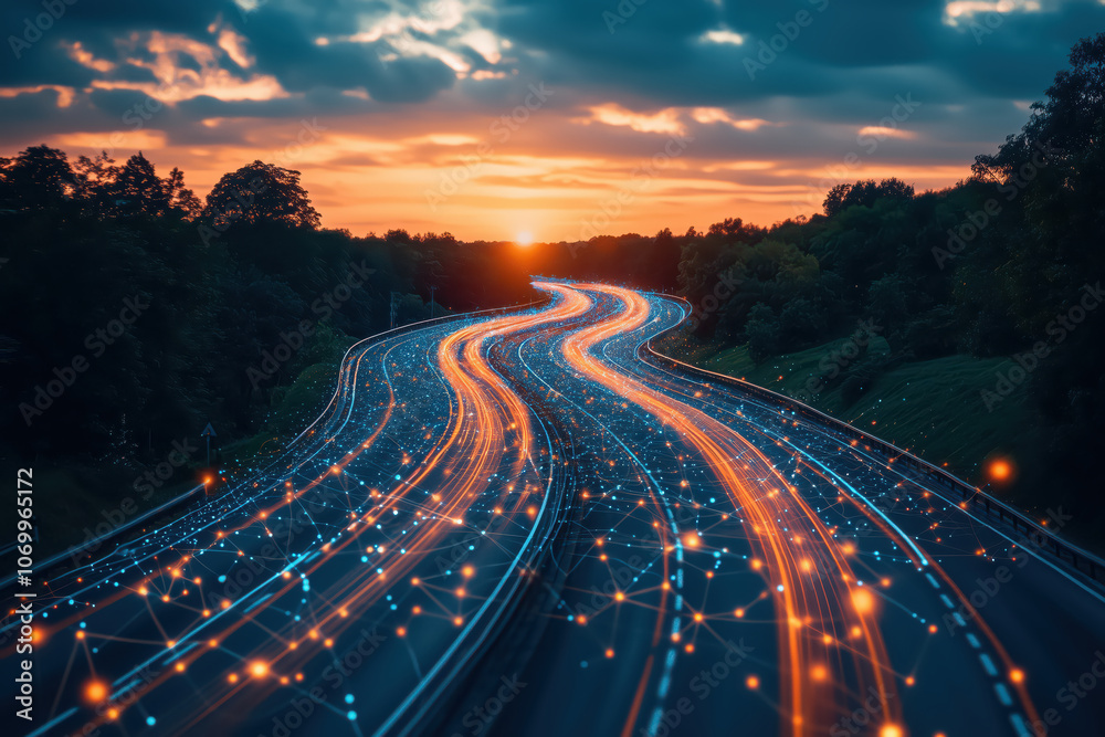 Logistic road with hologram data online network background. Stock Photo ...