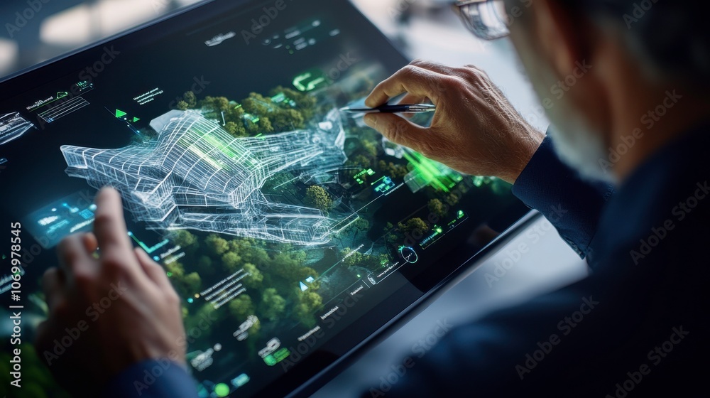 Engineers analyzing digital twin of building design on screen ...