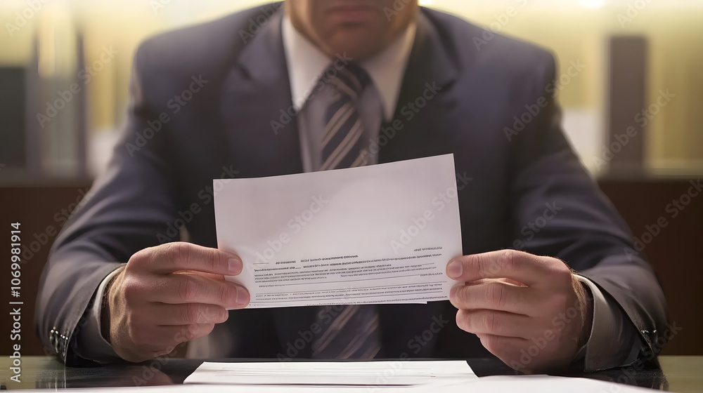 A Man in a Suit Sitting at a Desk, Holding a Rejected Job Application ...