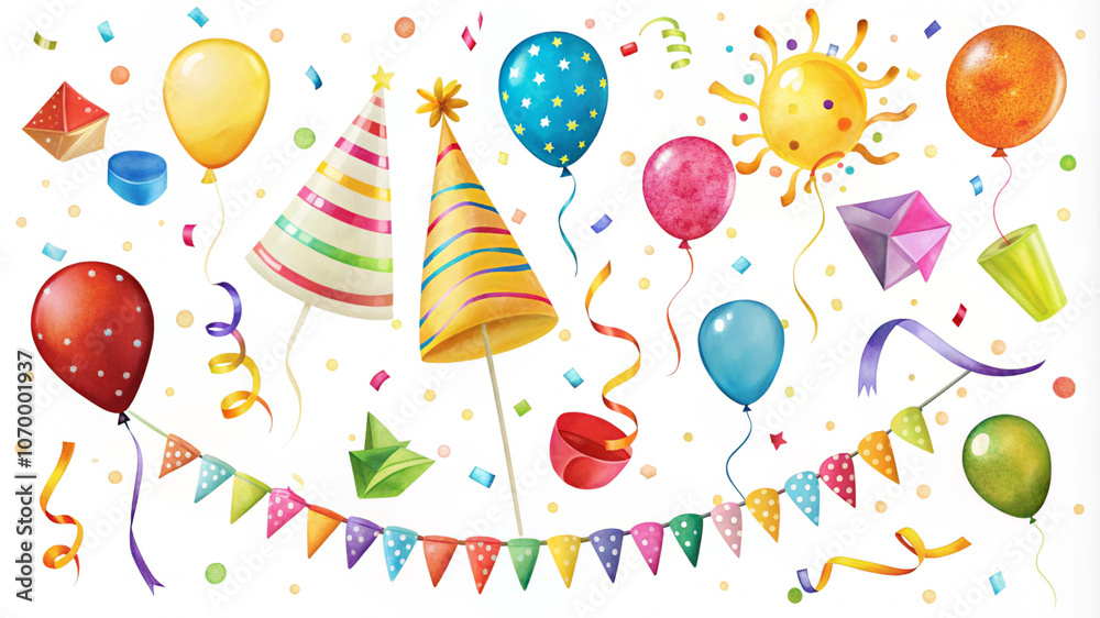 a colorful party scene with balloons and a banner . una colorida escena ...