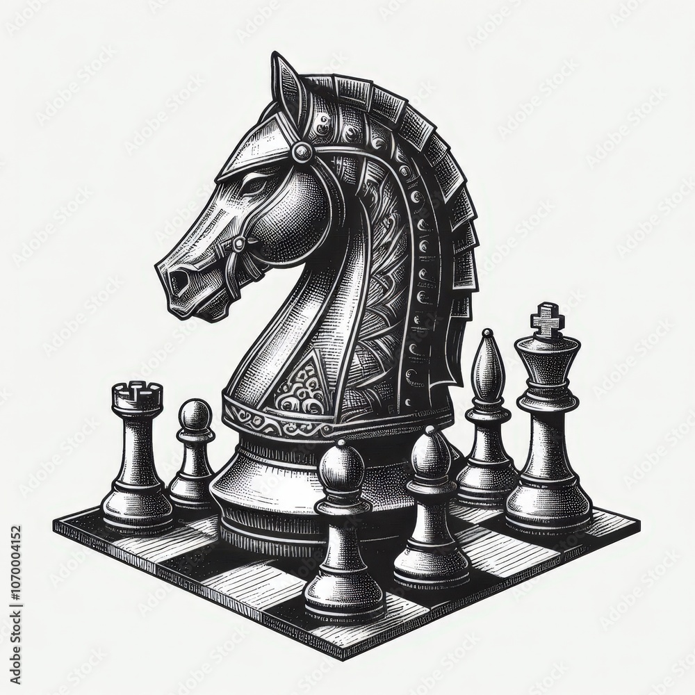knight chess piece, featuring detailed engraving style lines and ...