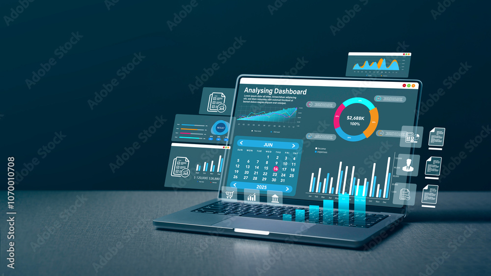 Dashboard finance management on laptop computer analyzing sales data ...