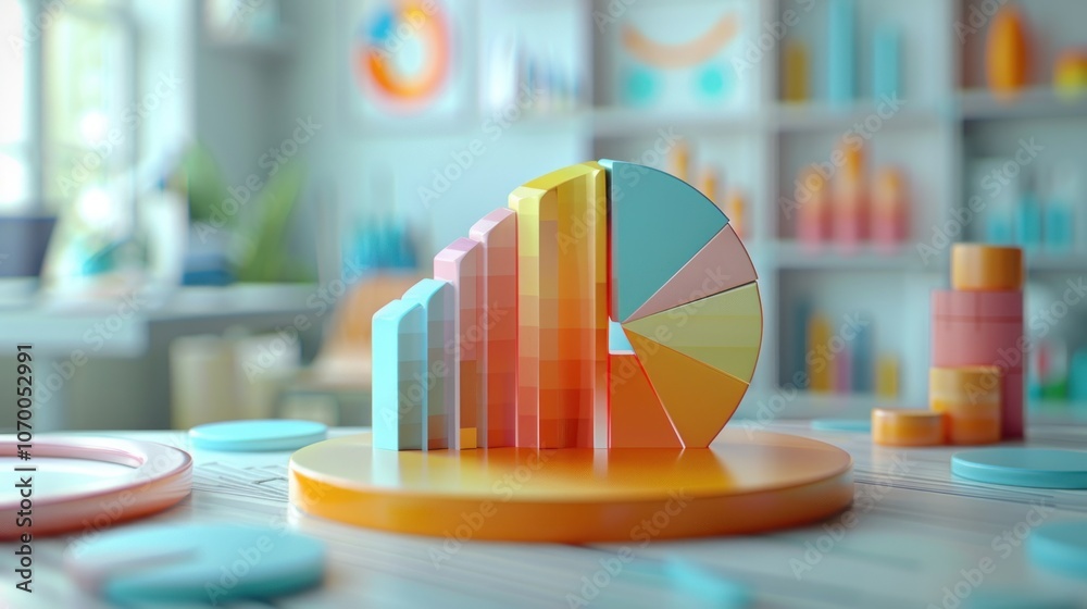 3D model of a portfolio analysis with pie charts, segmented data, and ...
