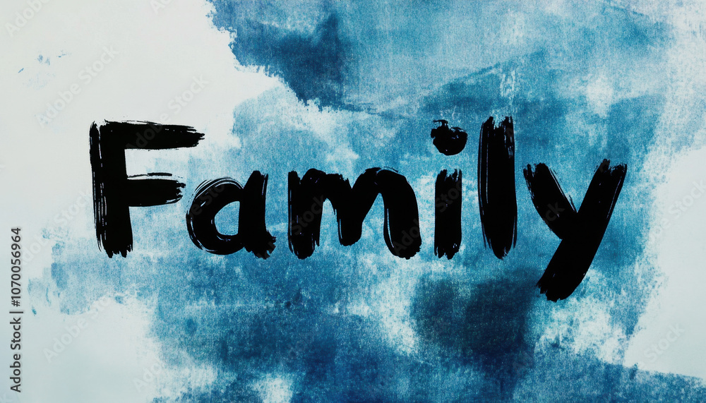 Artistic blue watercolor background with the word 'Family' prominently ...