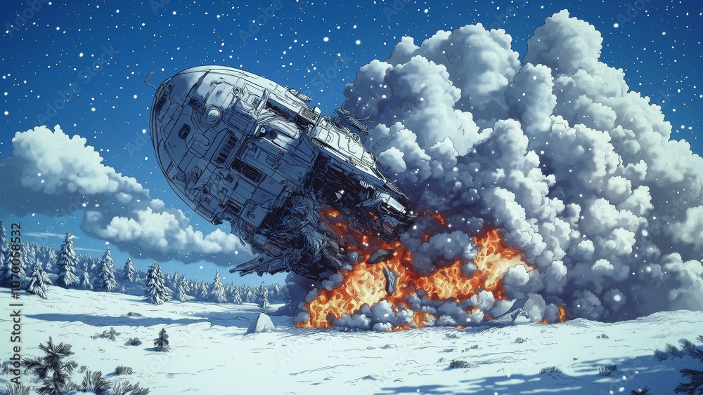 UFOs crashing and exploding. Illustrations that look like a scene from ...