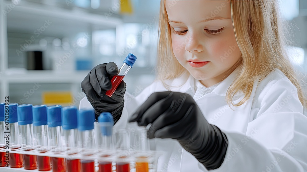Medical examination of a child with test tubes holding colorful liquids ...