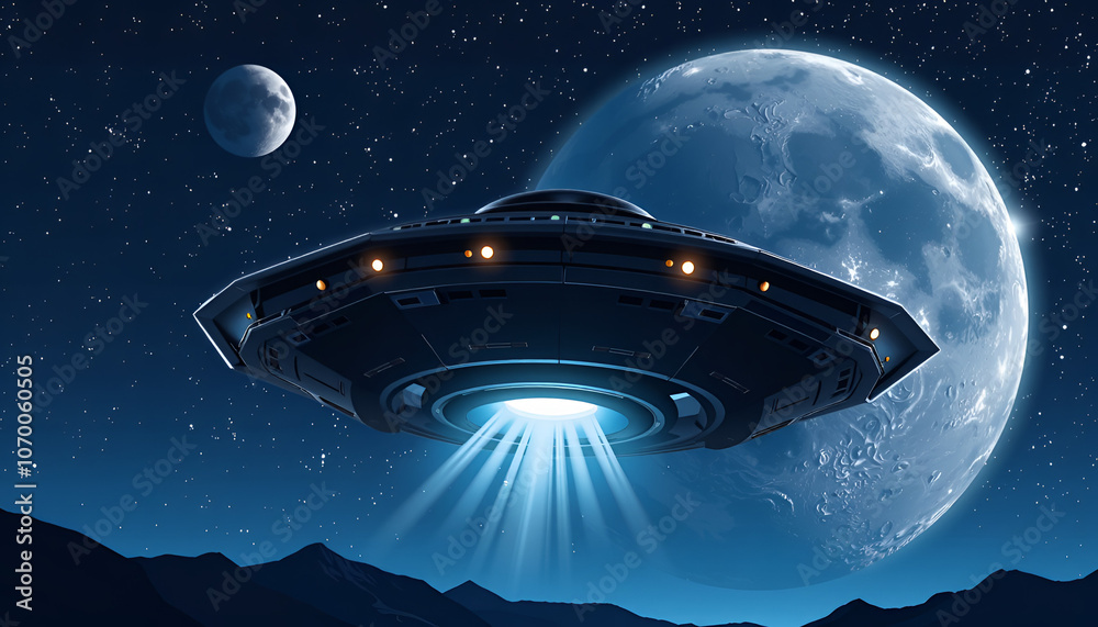 UFO illuminated by moonlight with dramatic beams flying in deep space ...