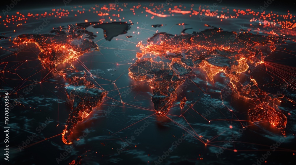 A detailed view of a network map, showing fiber optic routes connecting ...