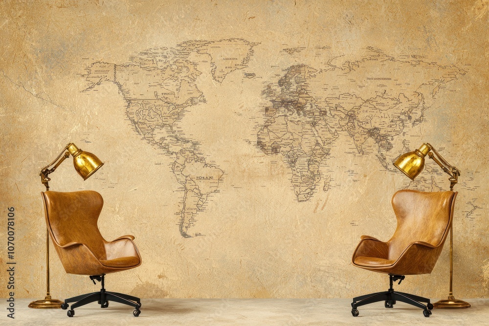 Create an elegant vintage office background featuring a detailed world ...