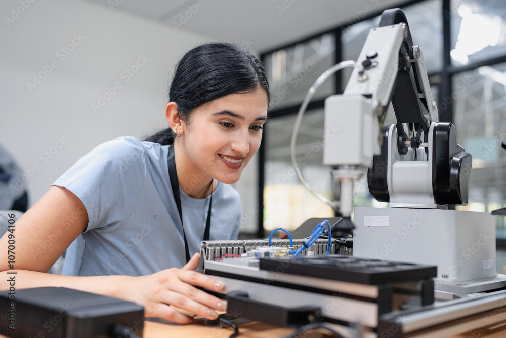 Hispanic engineer woman working on AI technology in robotics ...