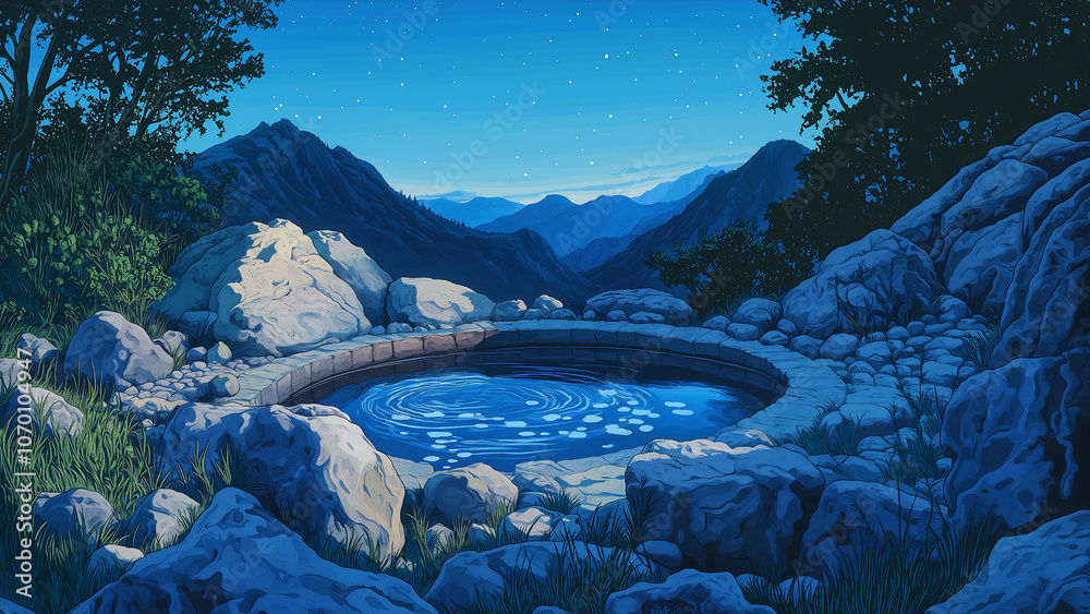 A hot spring with a view of rocky mountains. Illustrations that look ...