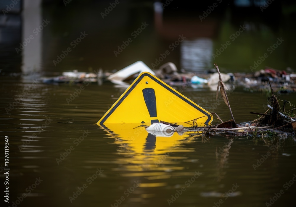 Yellow warning sign partially submerged in dirty flood water highlights ...