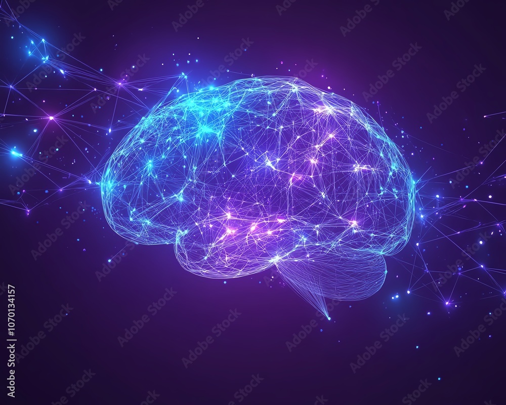 Purple background with abstract brain design formed by blue and white lines and connected dots ...