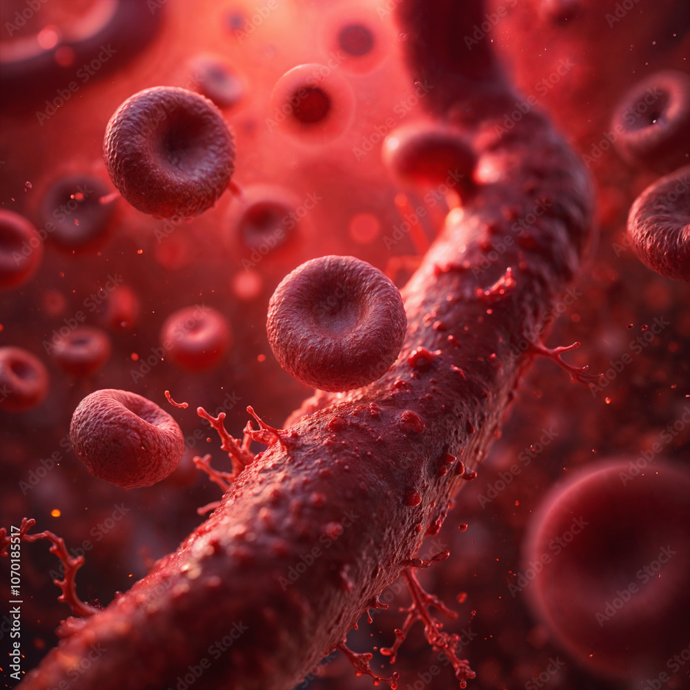 Erythrocytes shown carrying oxygen molecules. Microscopic view of red ...