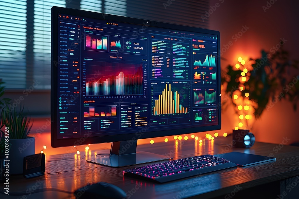 A modern, high-resolution monitor displaying an advanced dashboard with various charts and ...