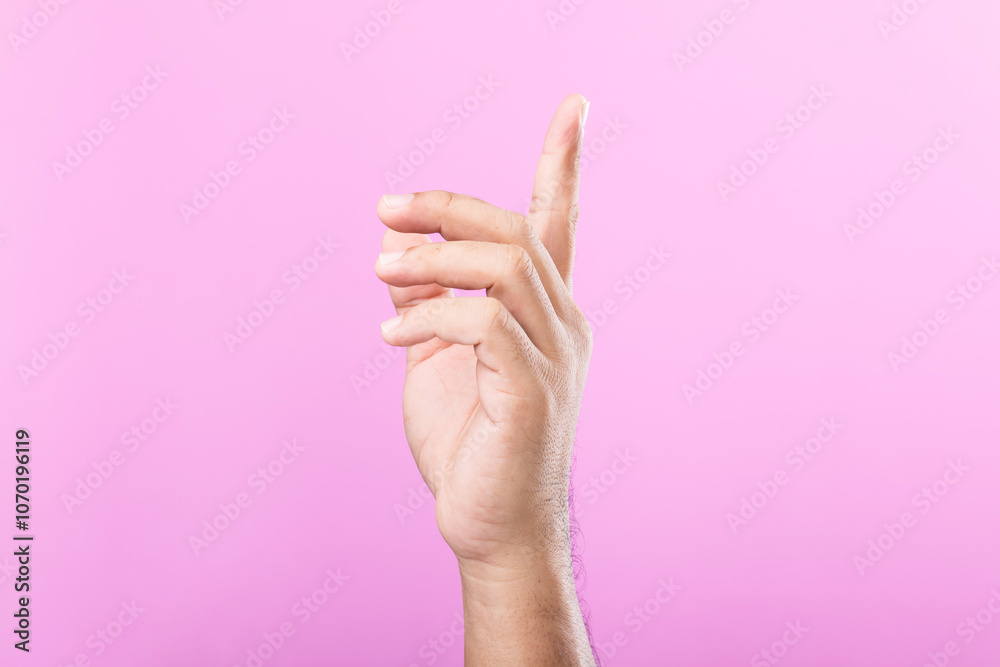 A hand displays various gestures, including a fist, open palm, and ...