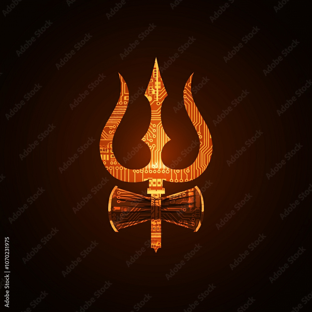Glowing trident of Lord Shiva with a fiery aura, representing the ...