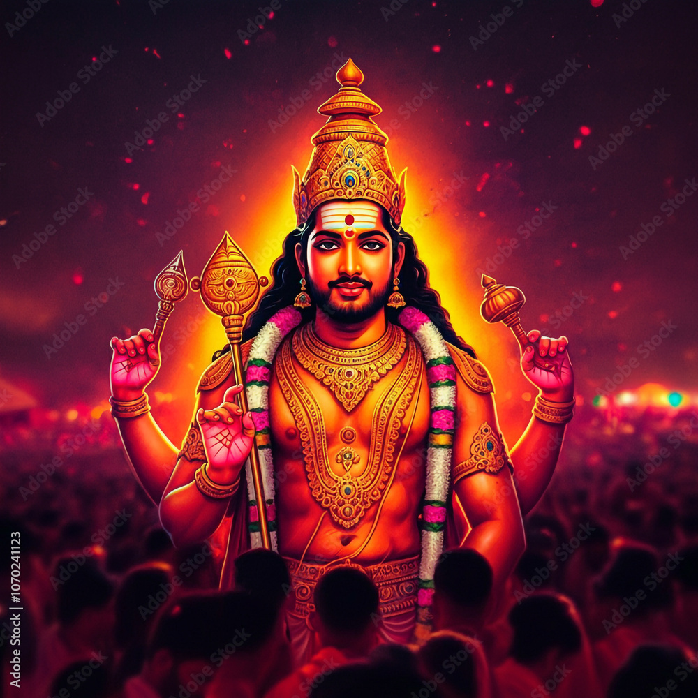 Glorious image of Lord Kartikeya in golden armor with a fiery ...