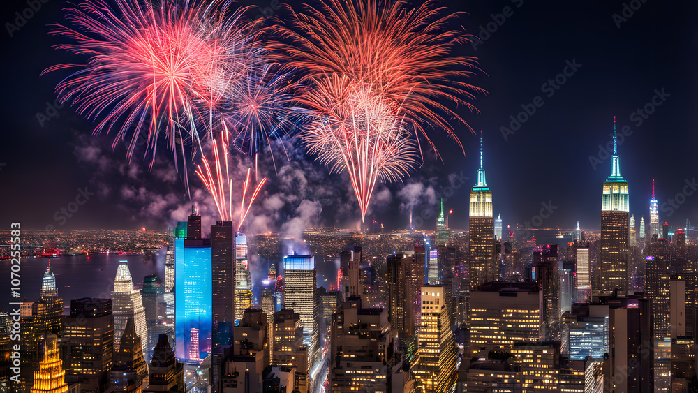 Colorful fireworks lighting up the skyline of new york city with times ...