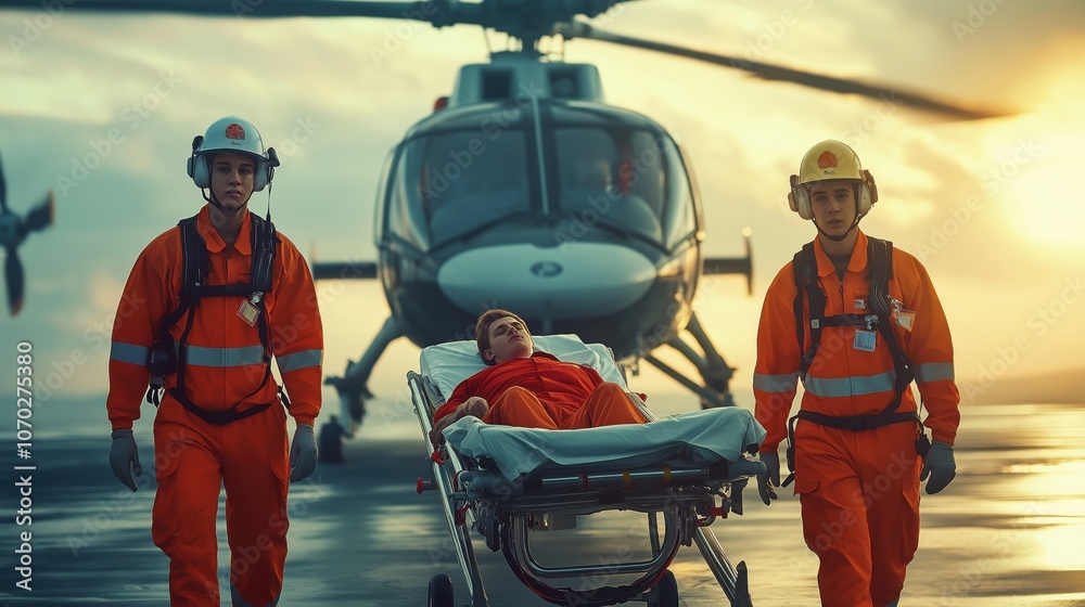 Paramedics Transport Patient to Helicopter for Airlift. Two paramedics ...
