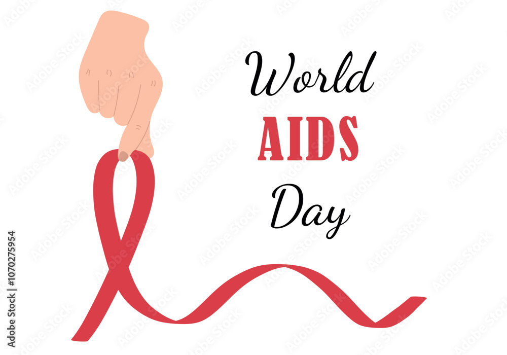 Hand holding crossed red ribbon as a symbol of world AIDS Day at 1st December. Awareness of AIDS ...