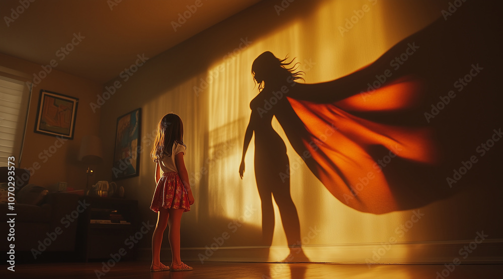 Little girl standing in a softly lit room casting a superhero shadow on ...