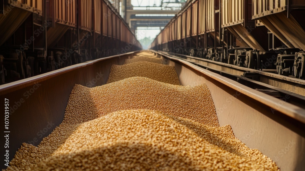 Rail cars filled with grain, ready for transport at a major shipping ...